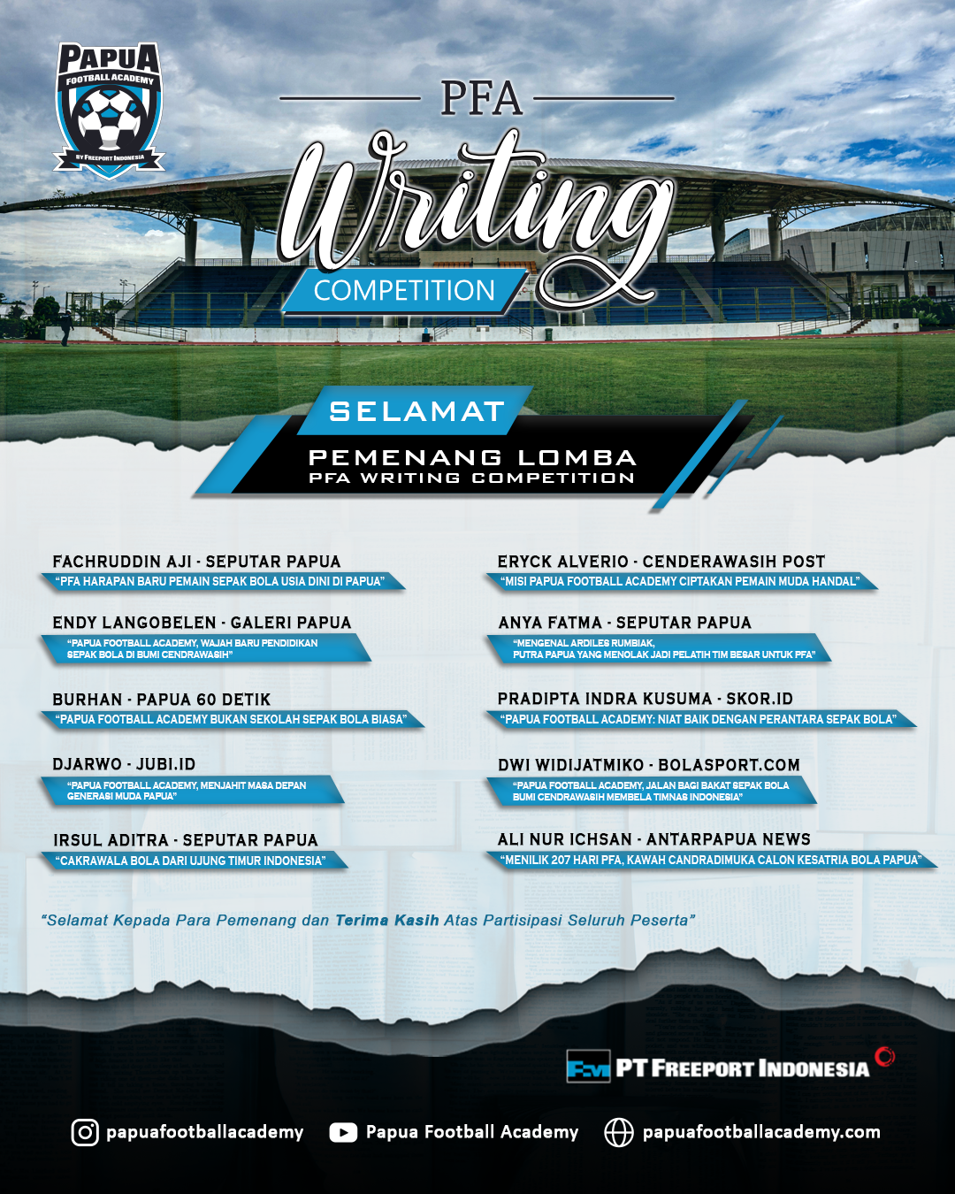 Inilah 10 Pemenang PFA Writing Competition - Papua Football Academy Inilah 10 Pemenang PFA Writing Competition - Papua Football Academy